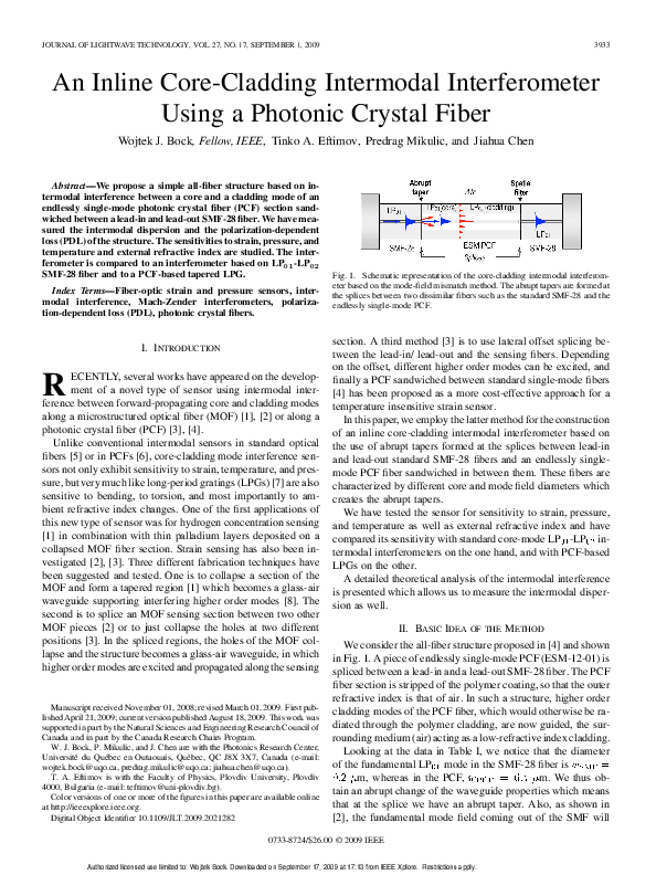 Pdf An Inline Core Cladding Intermodal Interferometer Using A