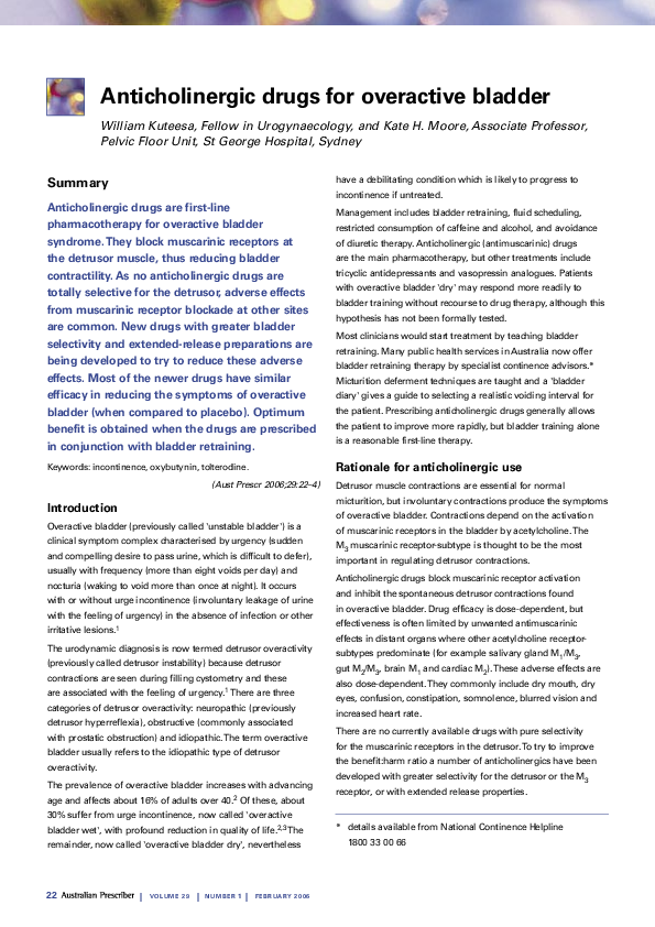 (PDF) Anticholinergic drugs for overactive bladder
