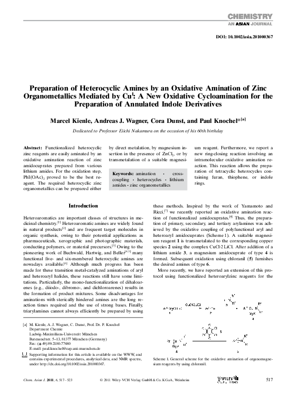 (PDF) Preparation of Heterocyclic Amines by an Oxidative Amination of Zinc Organometallics ...