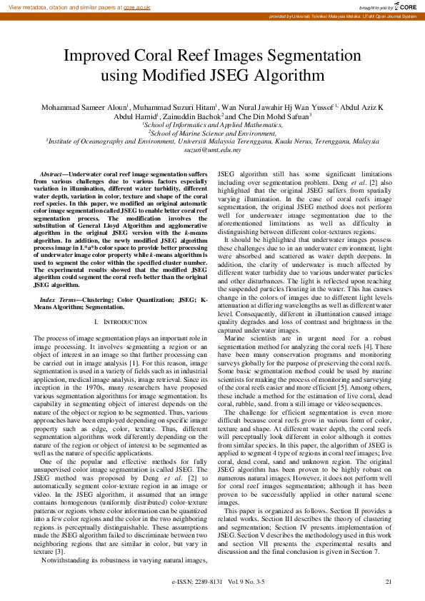 (PDF) Improved Coral Reef Images Segmentation using Modified JSEG Algorithm
