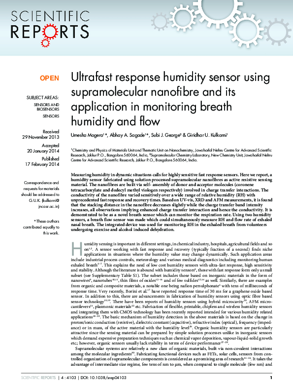 (PDF) Ultrafast response humidity sensor using supramolecular nanofibre ...