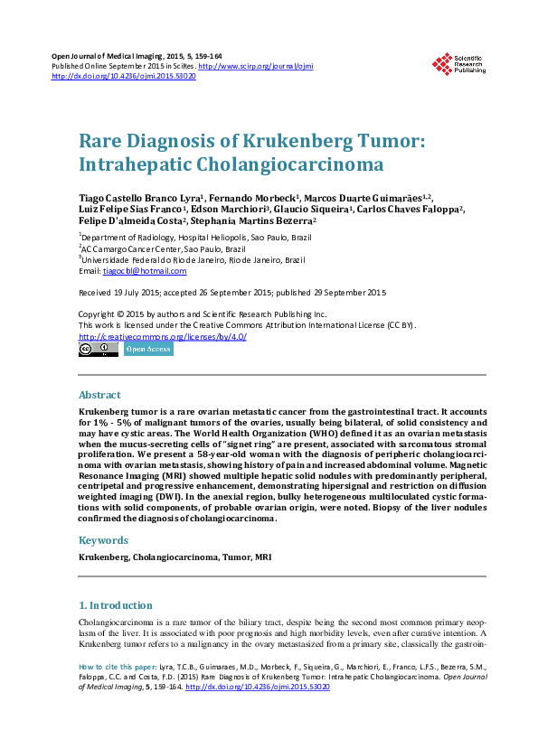 (PDF) Rare Diagnosis of Krukenberg Tumor: Intrahepatic Cholangiocarcinoma | Stephania Bezerra ...