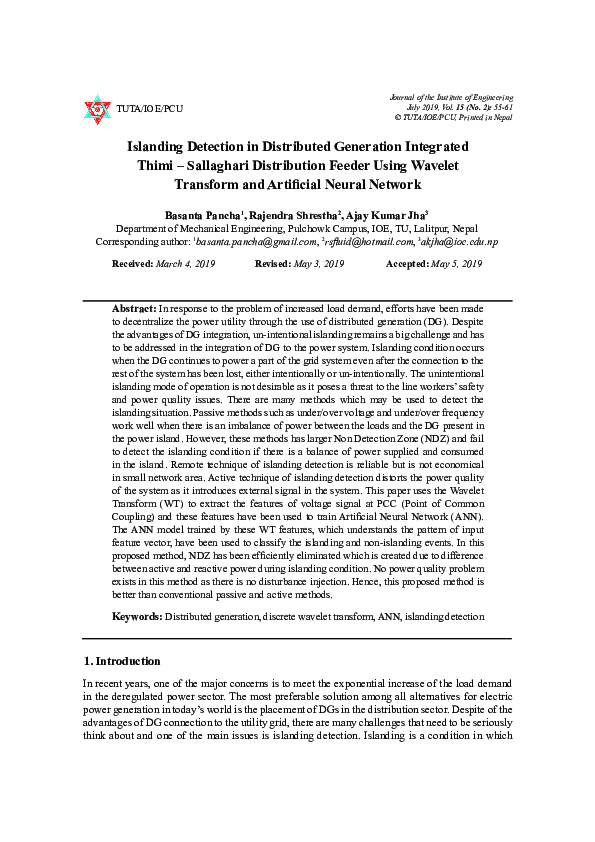 Pdf Islanding Detection In Distributed Generation Integrated Thimi