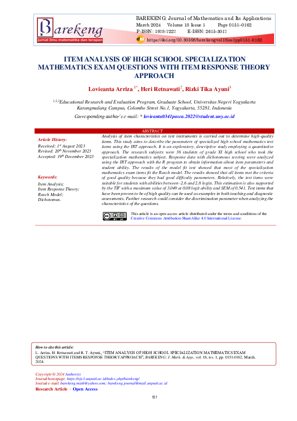 (PDF) Item Analysis of High School Specialization Mathematics Exam Questions with Item Response ...