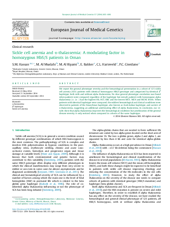 (PDF) Sickle cell anemia and α-thalassemia: a modulating factor in ...