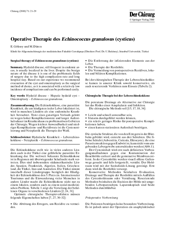 (PDF) Operative Therapie des Echinococcus granulosus (cysticus) | Mete ...