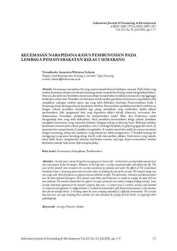 (PDF) Kecemasan Narapidana Kasus Pembunuhan pada Lembaga Pemasyarakatan Kelas I Semarang