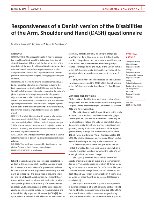 Pdf Responsiveness Of A Danish Version Of The Disabilities Of The Arm Shoulder And Hand Dash