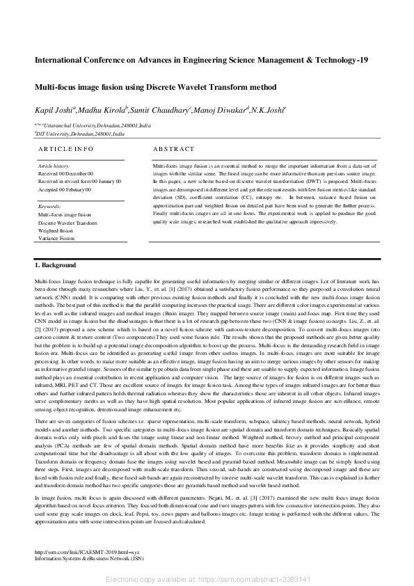 (PDF) Multi-Focus Image Fusion Using Discrete Wavelet Transform Method