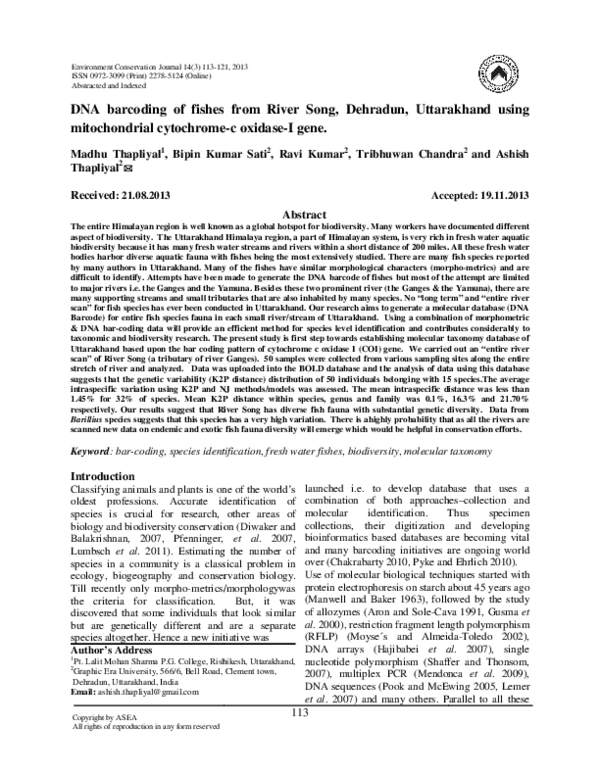 (PDF) DNA barcoding of fishes from River Song, Dehradun, Uttarakhand ...