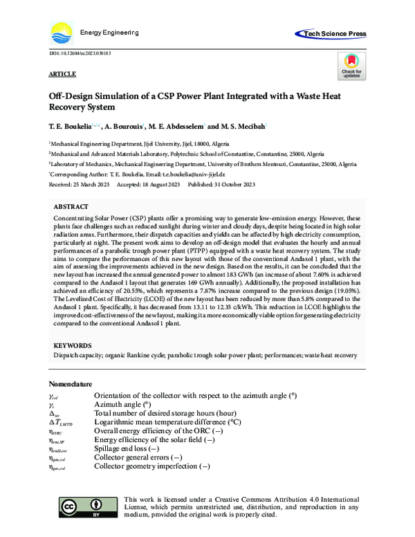 (PDF) Off-Design Simulation of a CSP Power Plant Integrated with a Waste Heat Recovery System