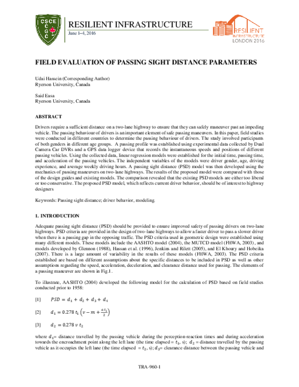 (PDF) Field Evaluation of Passing Sight Distance Parameters