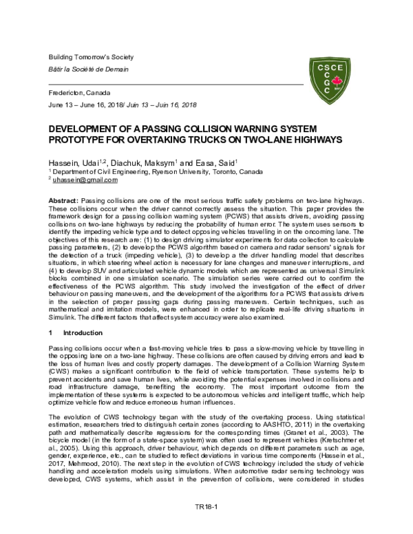 (PDF) Development of a Passing Collision Warning System Prototype for Overtaking Trucks on Two ...