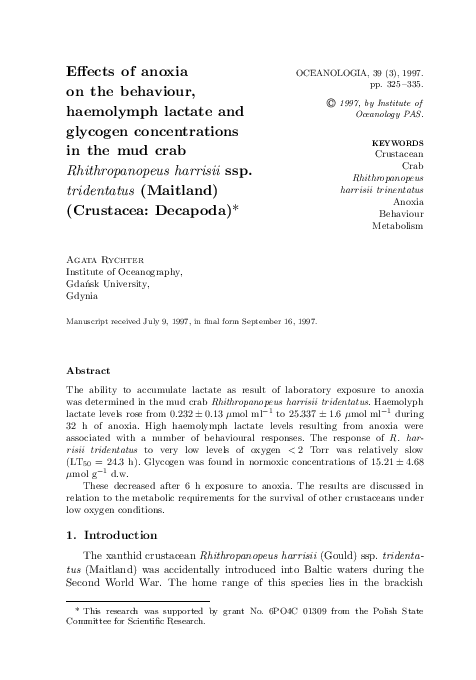 (PDF) Effects of anoxia on the behaviour, haemolymph lactate and ...