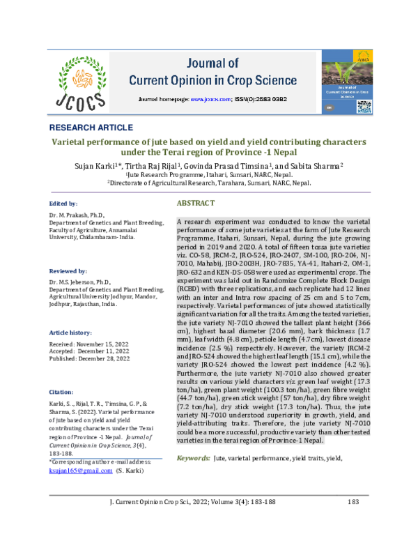 (PDF) Jute Variety Performance in Terai, Nepal