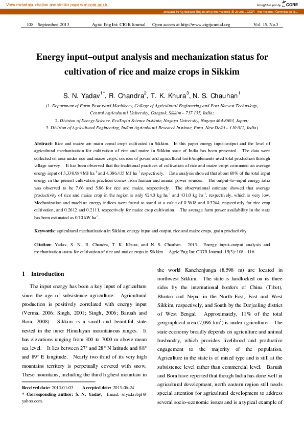 (PDF) Energy input–output analysis and mechanization status for cultivation of rice and maize ...