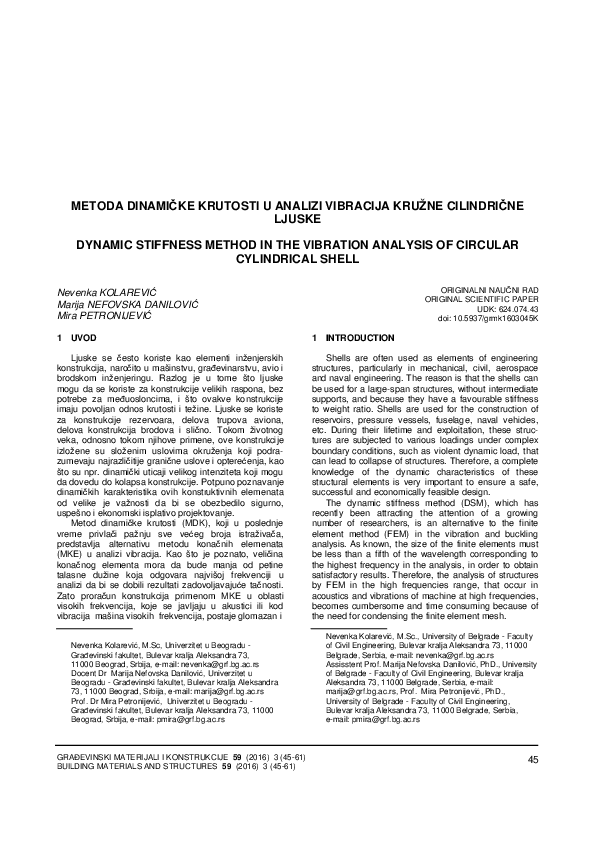 (PDF) Dynamic stiffness method in the vibration analysis of circular cylindrical shell