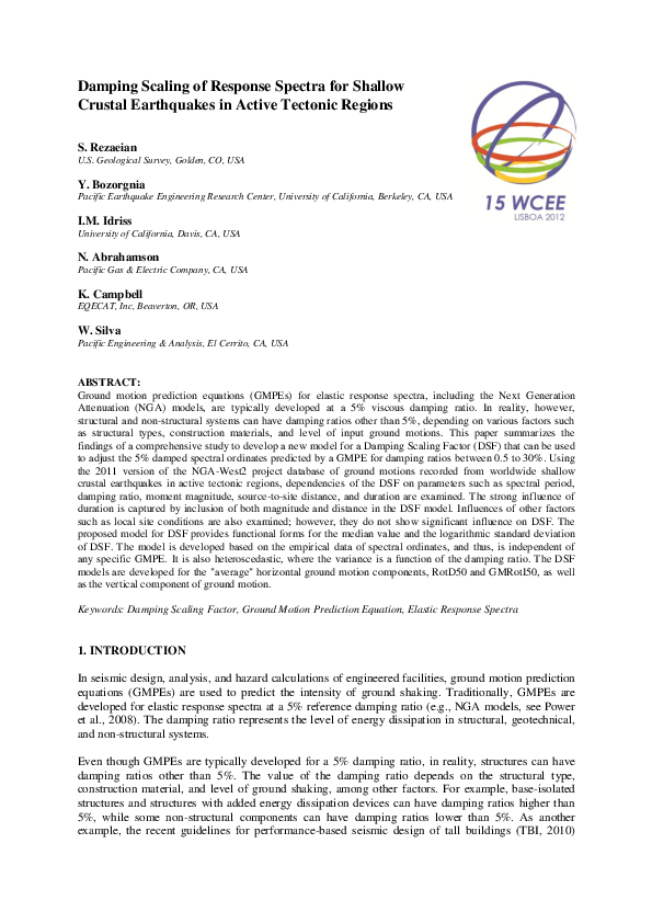 Pdf Damping Scaling Of Response Spectra For Shallow Cccccccccrustalstallpaper Title Line 1