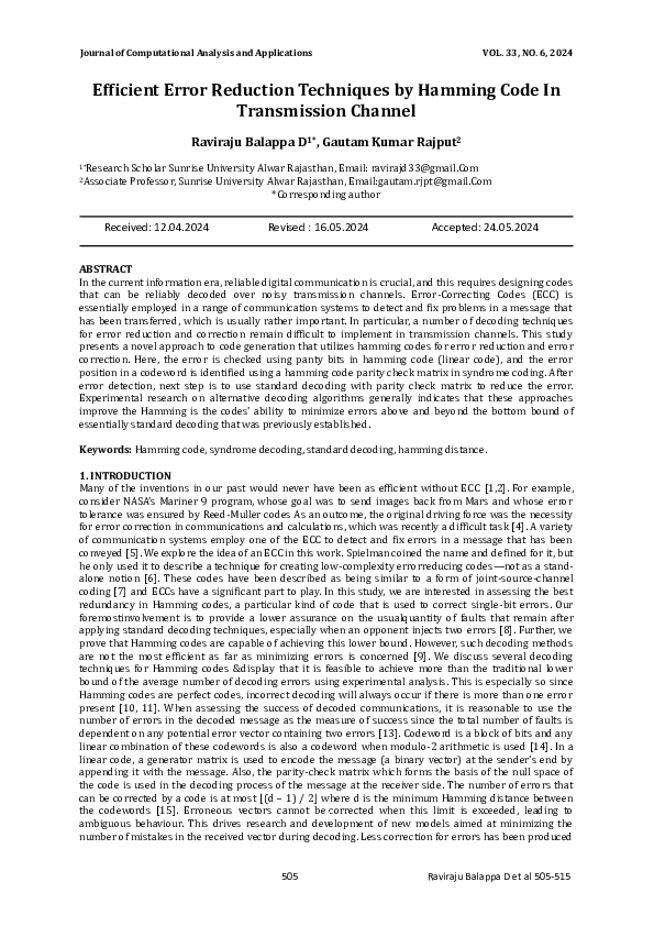 (PDF) Efficient Error Reduction Techniques by Hamming Code In ...