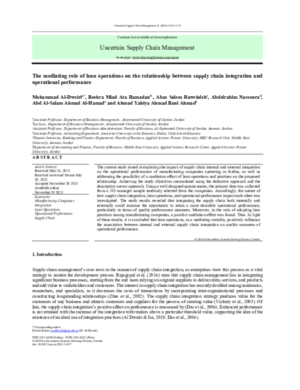(PDF) The mediating role of lean operations on the relationship between supply chain integration ...