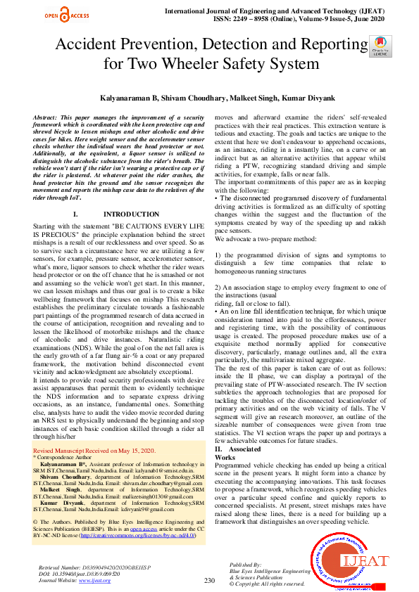 (PDF) Accident Prevention, Detection and Reporting for Two Wheeler Safety System