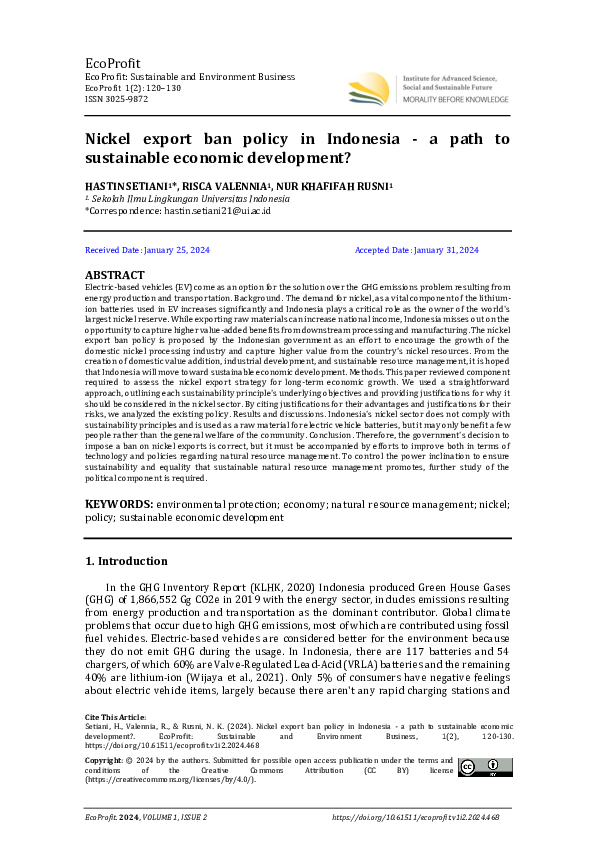 (PDF) Nickel export ban policy in Indonesia - a path to sustainable ...