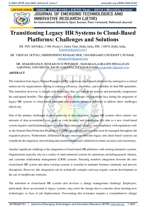 (PDF) Transitioning Legacy HR Systems to Cloud-Based Platforms: Challenges and Solutions