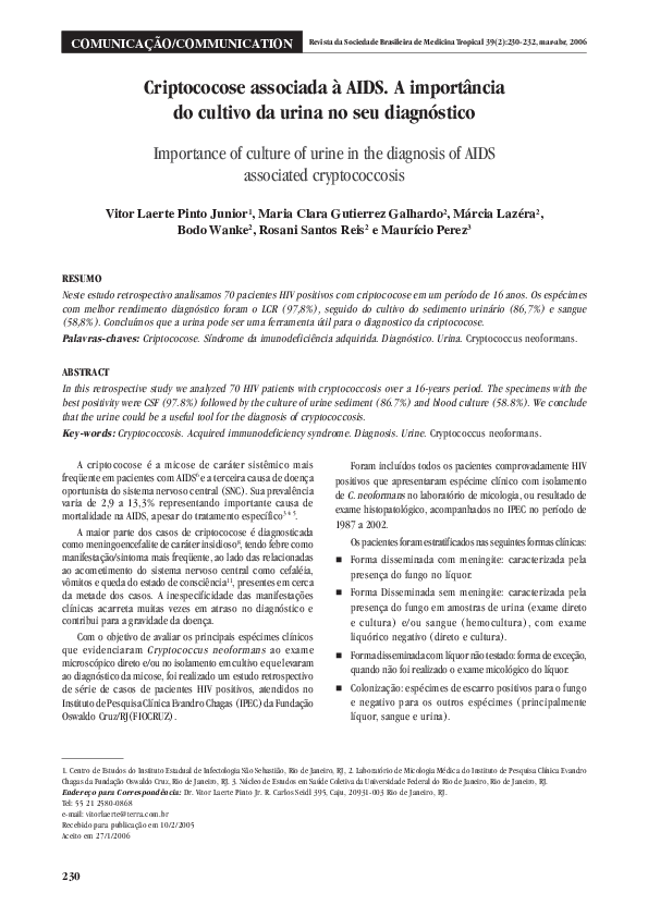 (PDF) Criptococose associada à Aids: a importância do cultivo da urina no seu diagnóstico