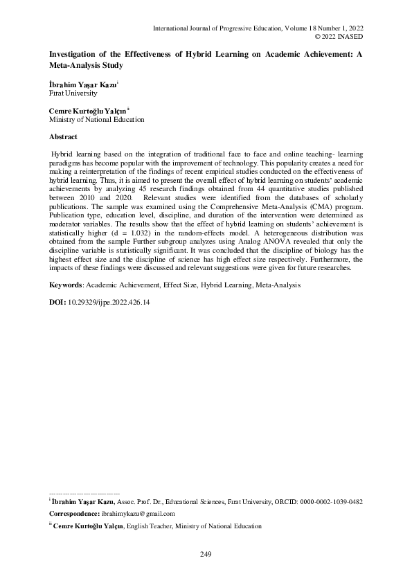 (PDF) Investigation of the Effectiveness of Hybrid Learning on Academic Achievement: A Meta ...