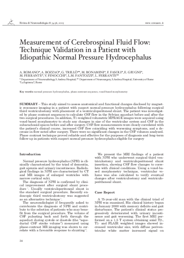 (PDF) Measurement of Cerebrospinal Fluid Flow: Technique Validation in a Patient with Idiopathic ...