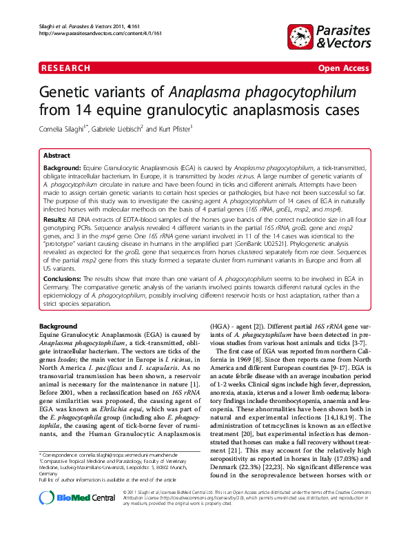 (PDF) Genetic variants of Anaplasma phagocytophilum from 14 equine ...