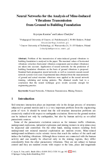 (PDF) Neural Networks for the Analysis of Mine-Induced Vibrations Transmission from Ground to ...