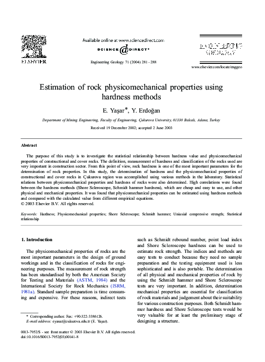 (PDF) Estimation of rock physicomechanical properties using hardness ...