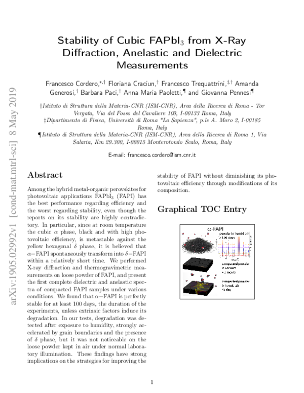 (PDF) Stability of Cubic FAPbI3 from X-ray Diffraction, Anelastic, and ...