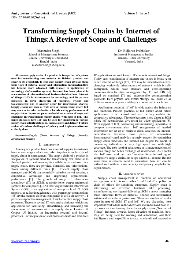 (PDF) Transforming Supply Chains by Internet of Things:A Review of Scope and Challenges