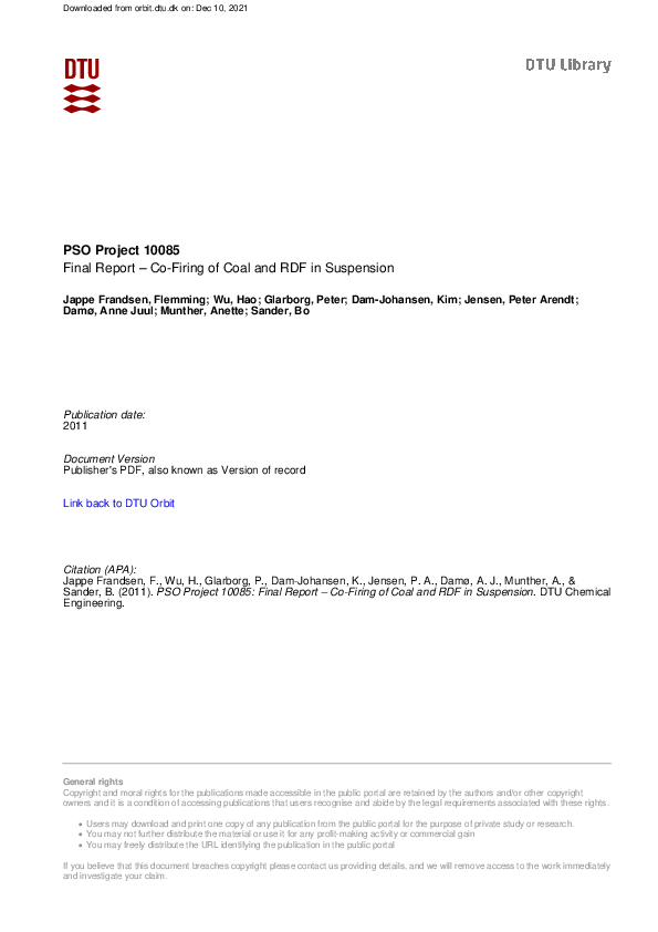 (PDF) PSO Project 10085: Final Report - Co-Firing of Coal and RDF in Suspension