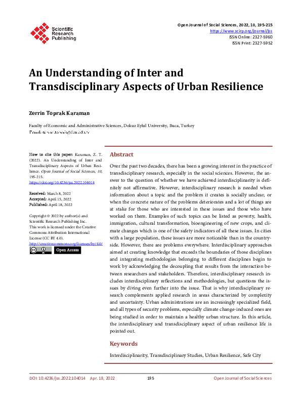 (PDF) An Understanding of Inter and Transdisciplinary Aspects of Urban Resilience