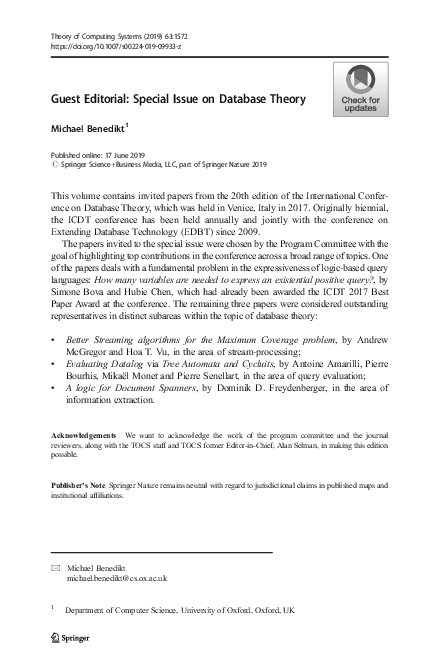 (PDF) Guest Editorial: Special Issue on Database Theory