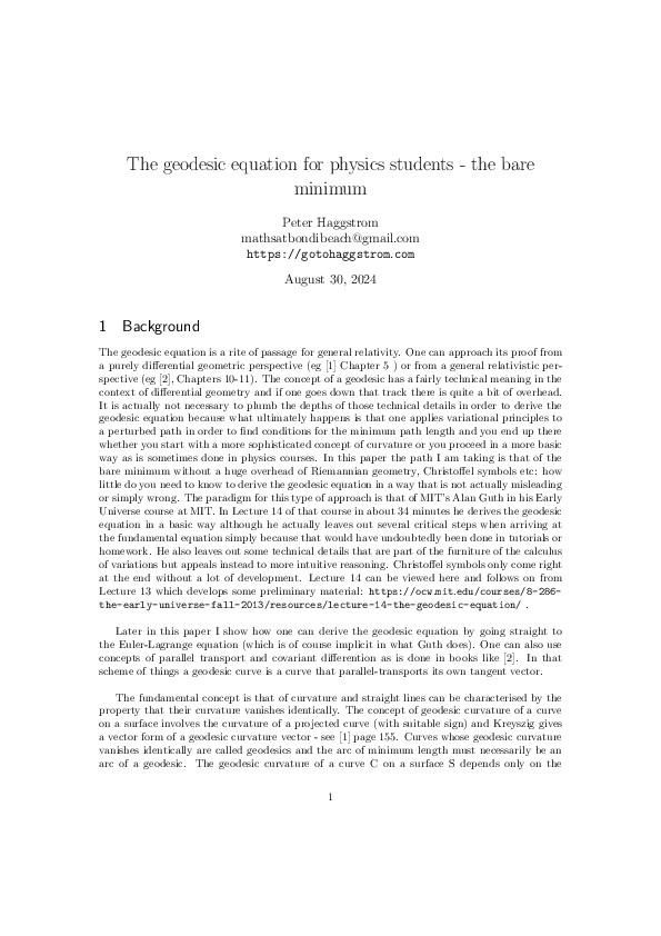 (PDF) The geodesic equation for physics students -the bare minimum