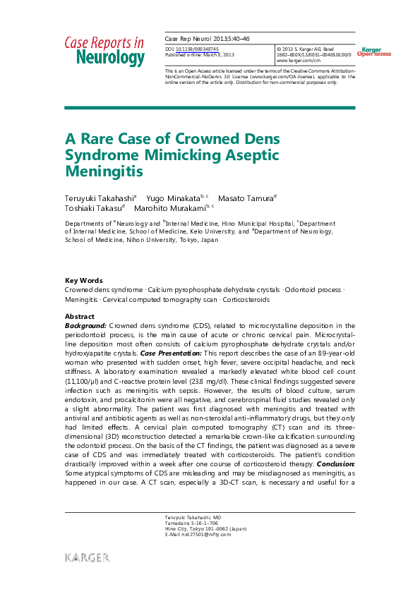 (PDF) A rare case of crowned dens syndrome mimicking aseptic meningitis