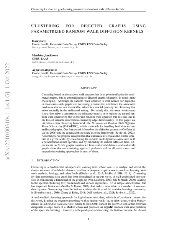 Pdf Clustering For Directed Graphs Using Parametrized Random Walk Diffusion Kernels