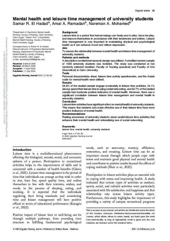 (PDF) Mental health and leisure time management of university students