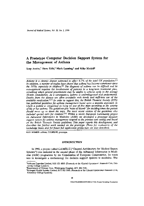 (PDF) A prototype computer decision support system for the management of asthma
