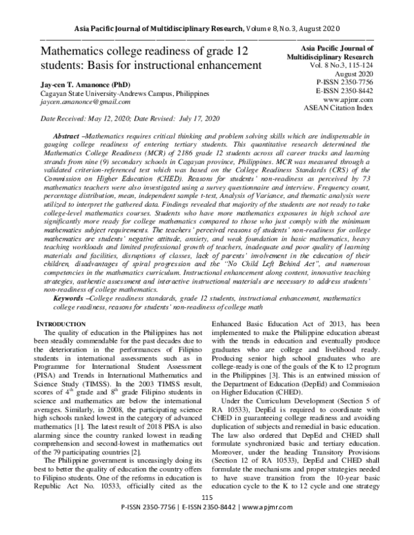 (PDF) Mathematics college readiness of grade 12 students: Basis for ...