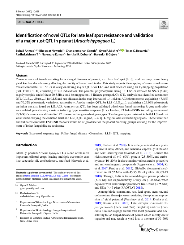 (PDF) Identification of novel QTLs for late leaf spot resistance and validation of a major rust ...