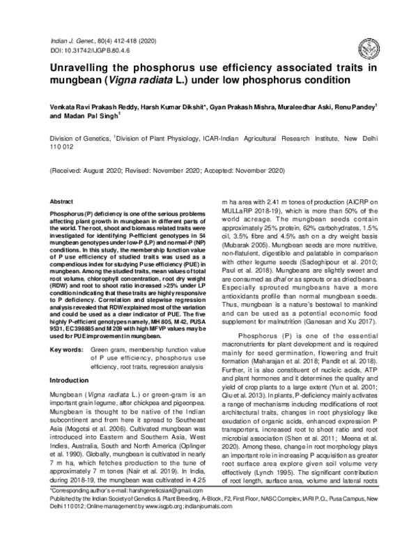 (PDF) Unravelling the phosphorus use efficiency associated traits in ...