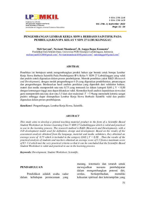(PDF) Pengembangan Lembar Kerja Siswa Berbasis Saintifik Pada Pembelajaran Ipa Kelas V SDN 27 ...