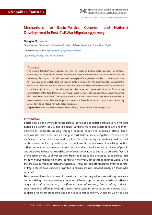 (PDF) Mechanisms for Socio-Political Cohesion and National Development ...