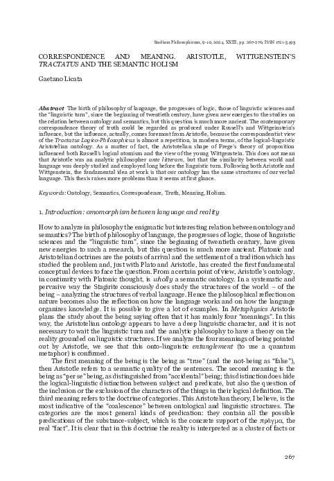 (PDF) Correspondence and meaning. Aristotle, Wittgenstein's Tractatus ...