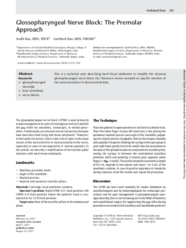 (PDF) Glossopharyngeal Nerve Block: The Premolar Approach